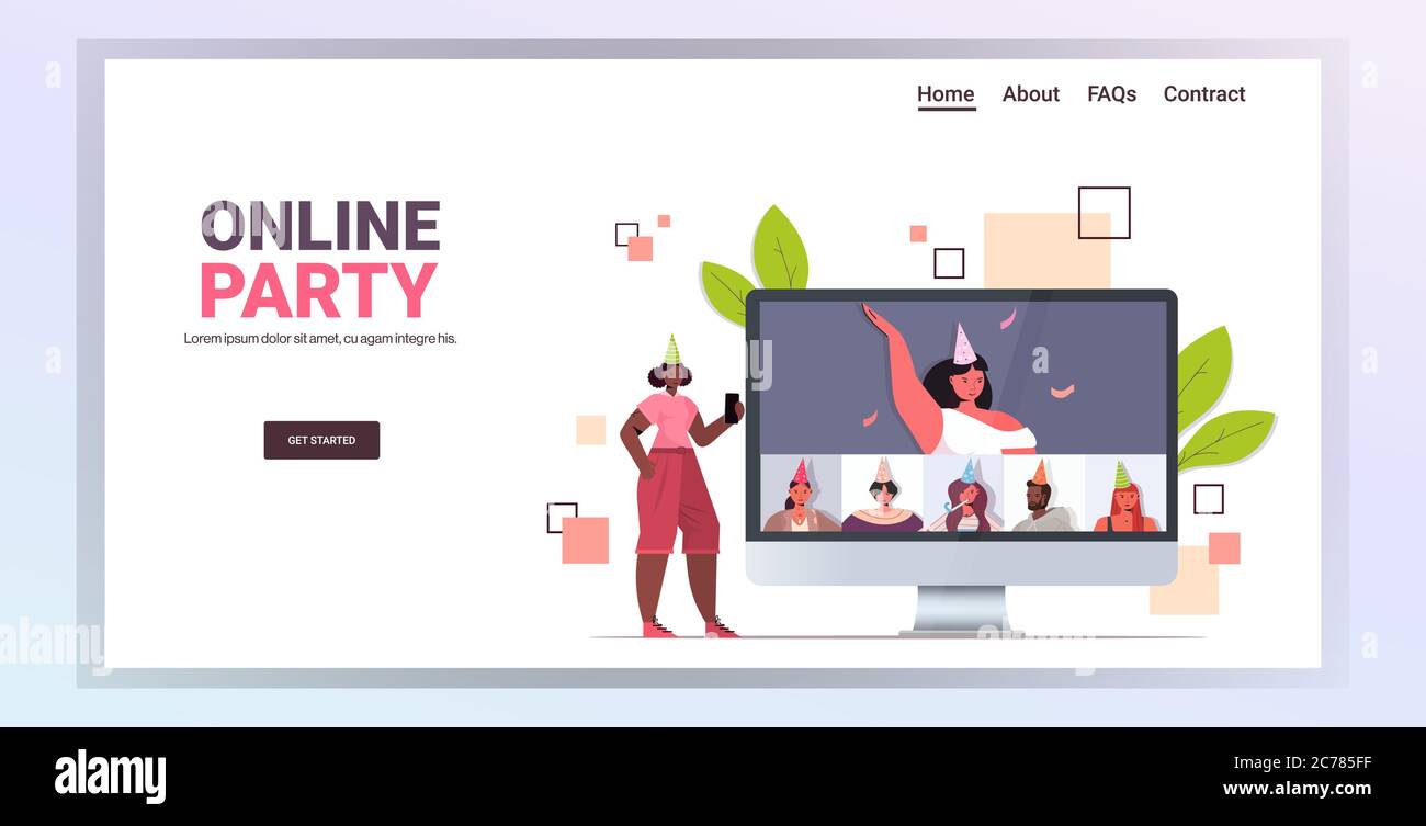 woman in festive hat celebrating online birthday party during video ...