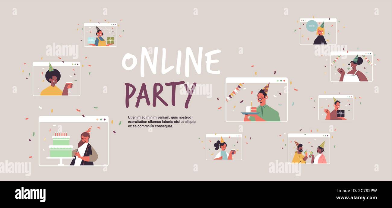 set people in festive hats celebrating online birthday party mix race ...