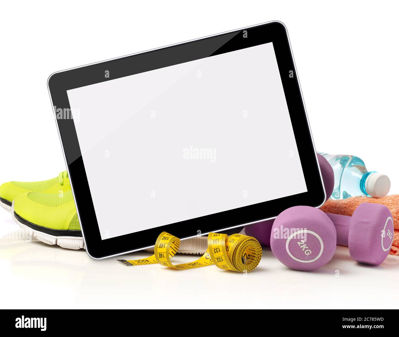 Digital tablet with blank screen and fitness equipment Stock Photo - Alamy