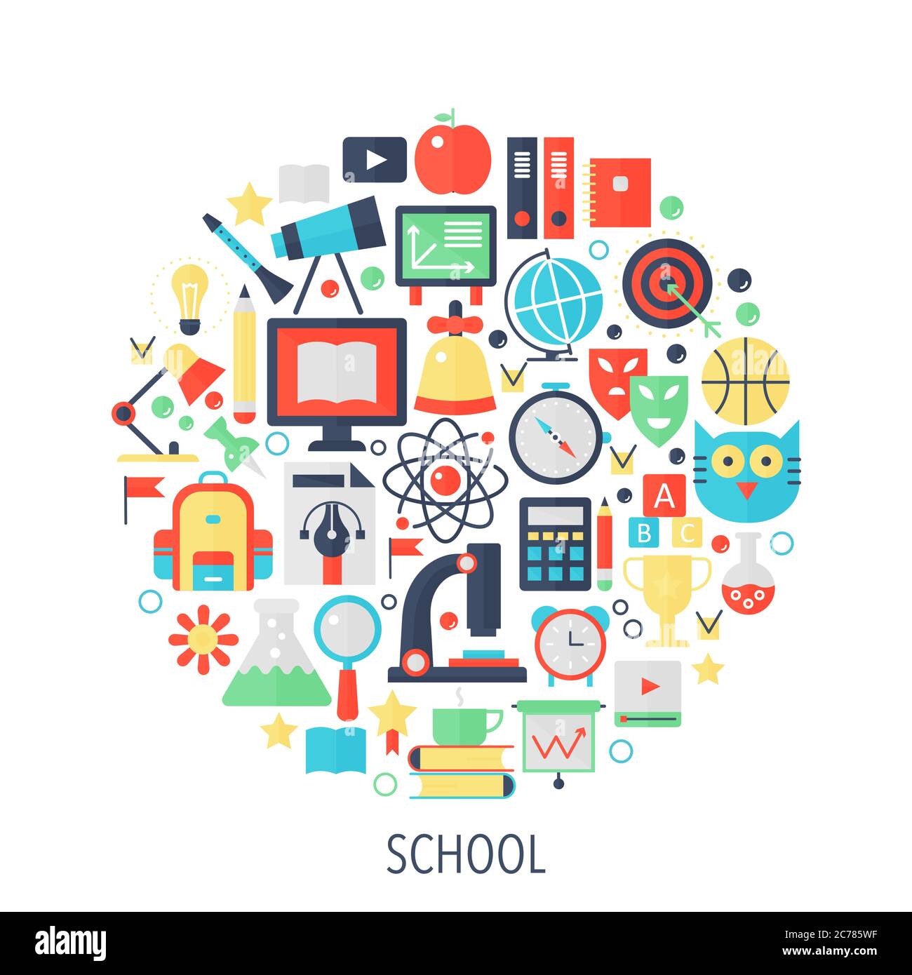 School education flat infographics icons in circle - color concept ...