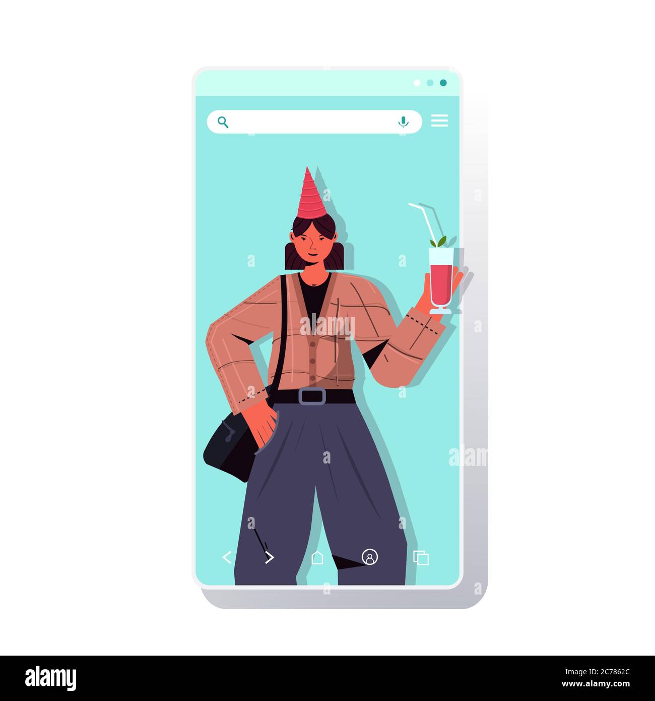 woman in festive hat celebrating online birthday party girl in ...