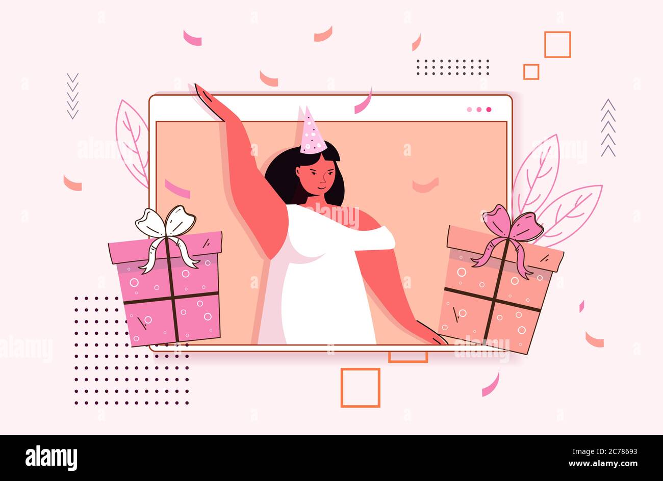 woman celebrating online birthday party girl in computer window with ...