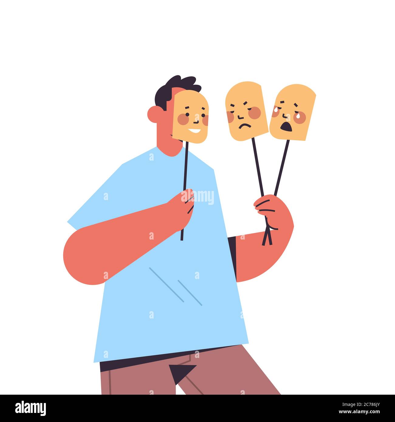 man holding masks with different emotions fake feeling depression ...