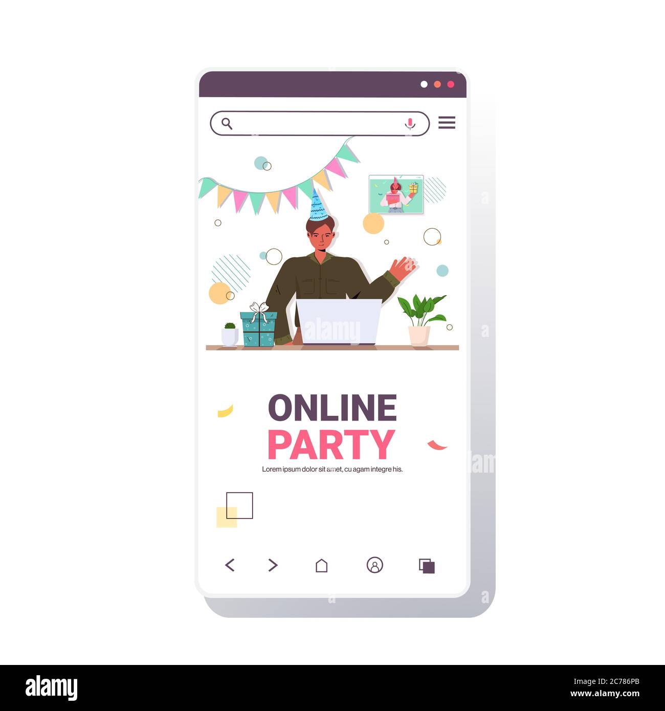 man in festive hat celebrating online birthday party during video call ...