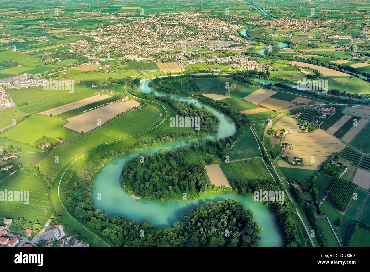 Aerial landscape from above on Piave river and San Donà di Piave ...