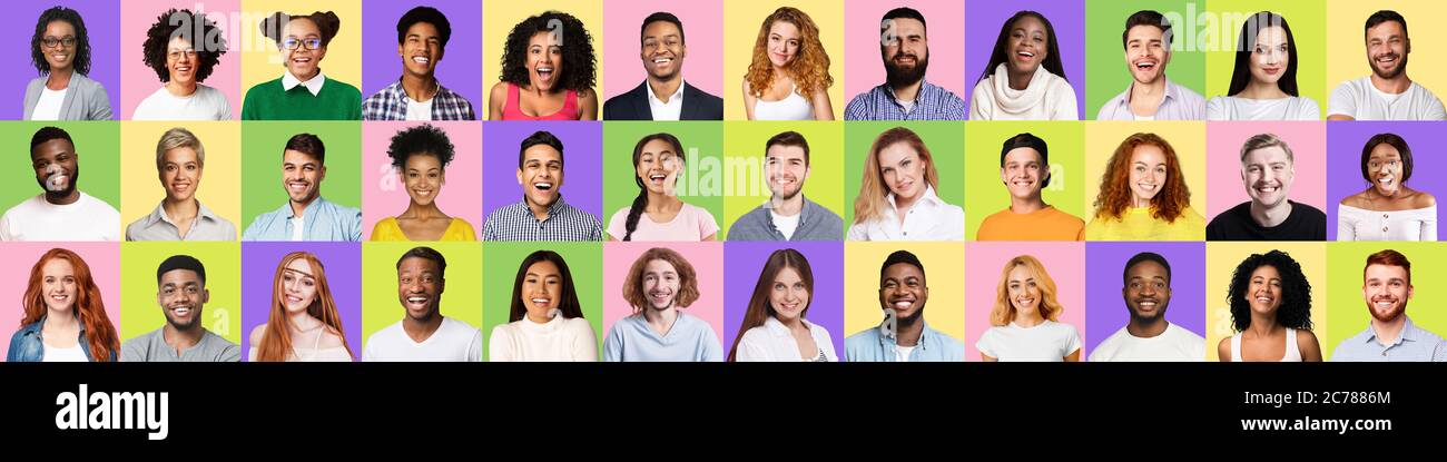 Set Of People Faces Smiling And Laughing On Colorful Backgrounds Stock ...