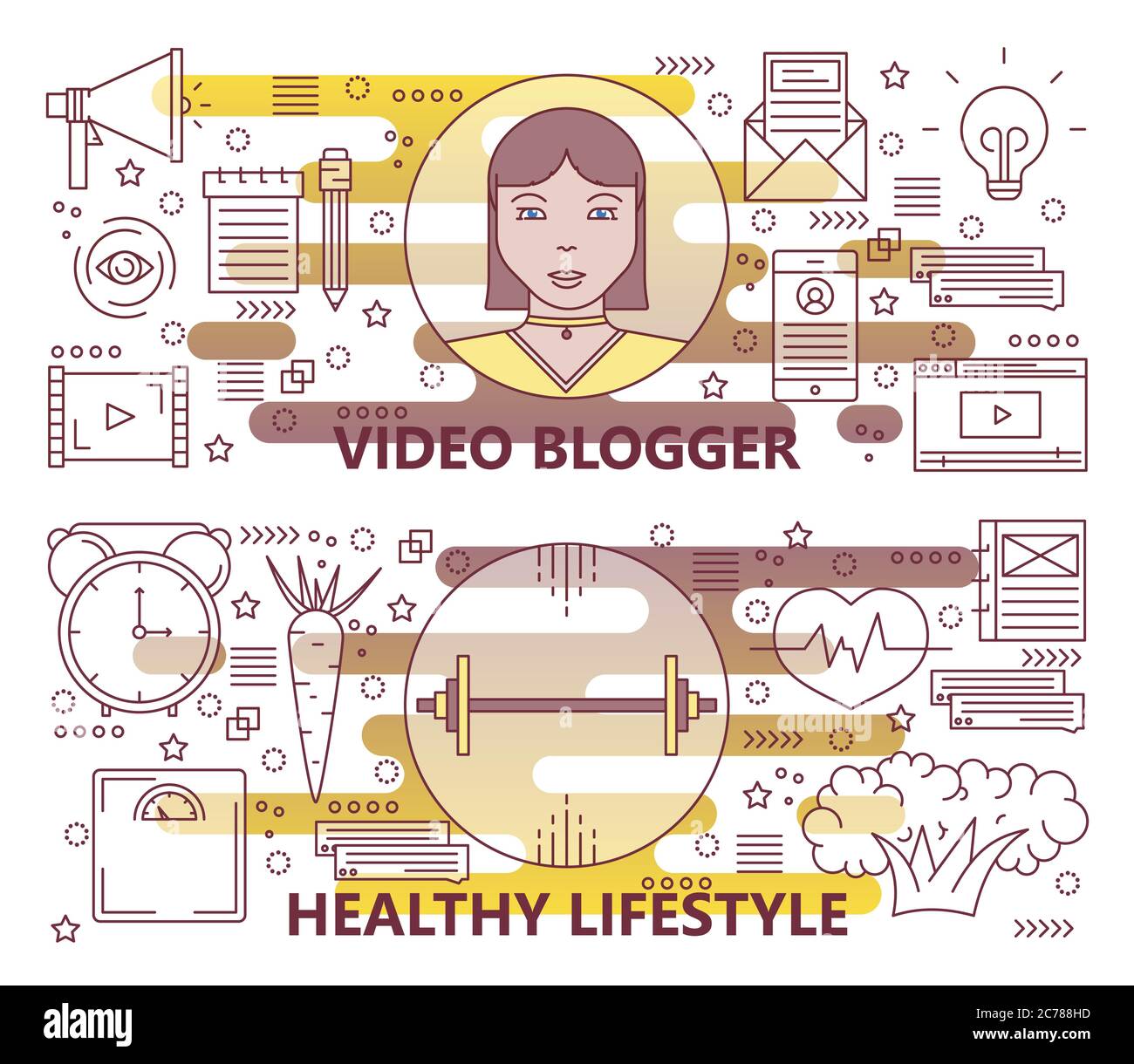 Vector set of thin line Video blogger, Healthy lifestyle banners Stock ...