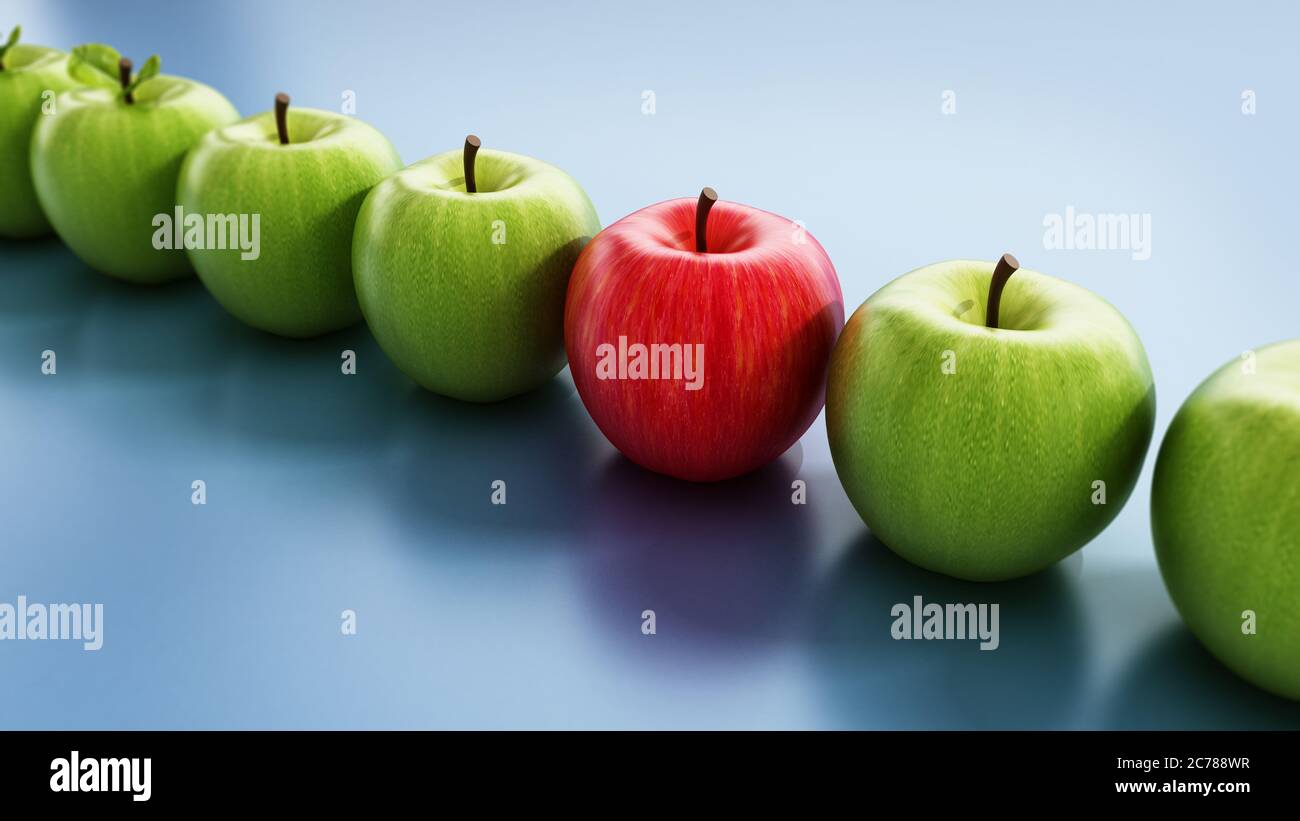 Red apple standing out from green apples. 3D illustration Stock Photo ...