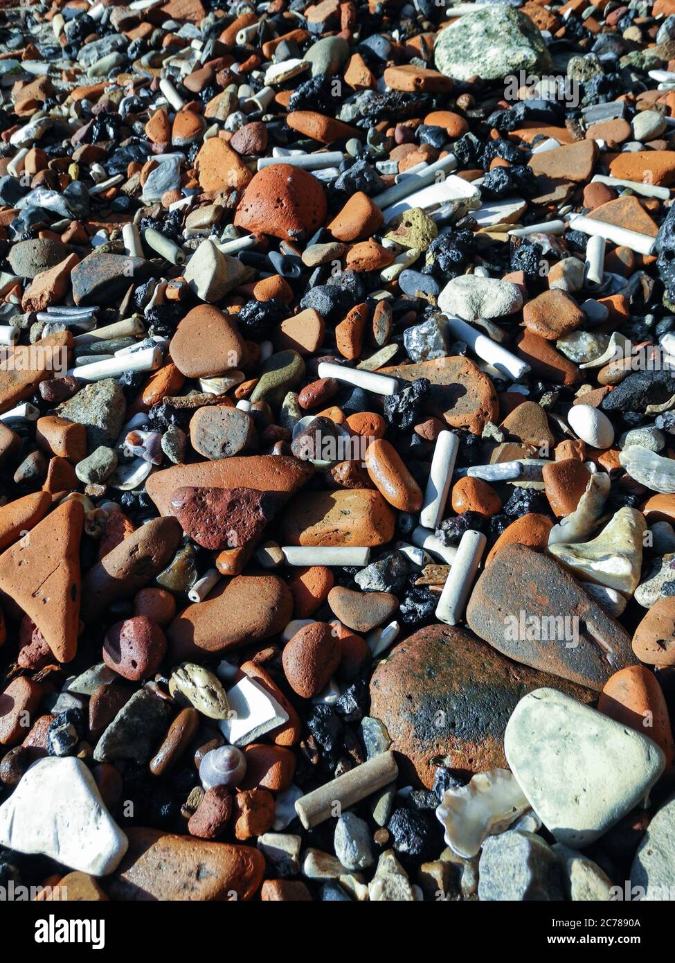Clay pipe stems and Roman tiles on the Thames foreshore, London, UK ...