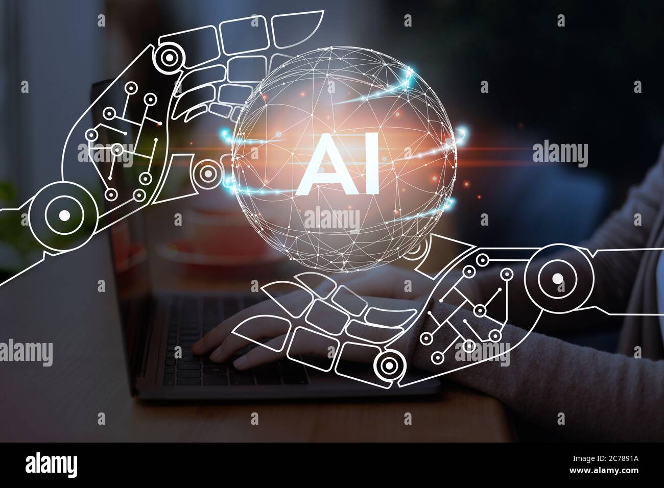 Drawn cyborg hands holding illuminated sphere hologram Stock Photo - Alamy