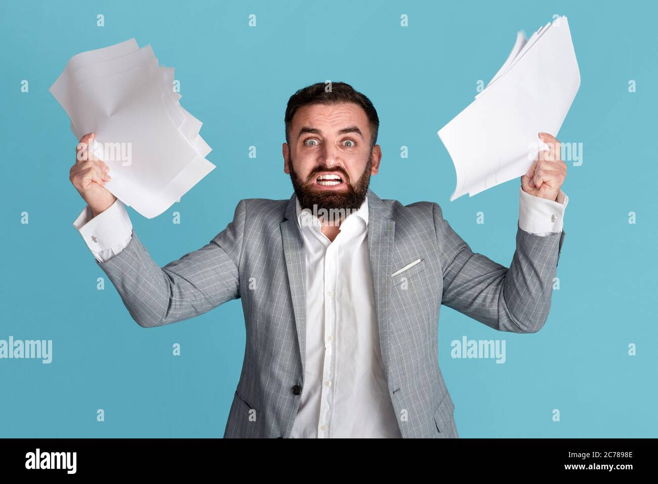 Dealing with workplace stress. Angry overworked office employee ...