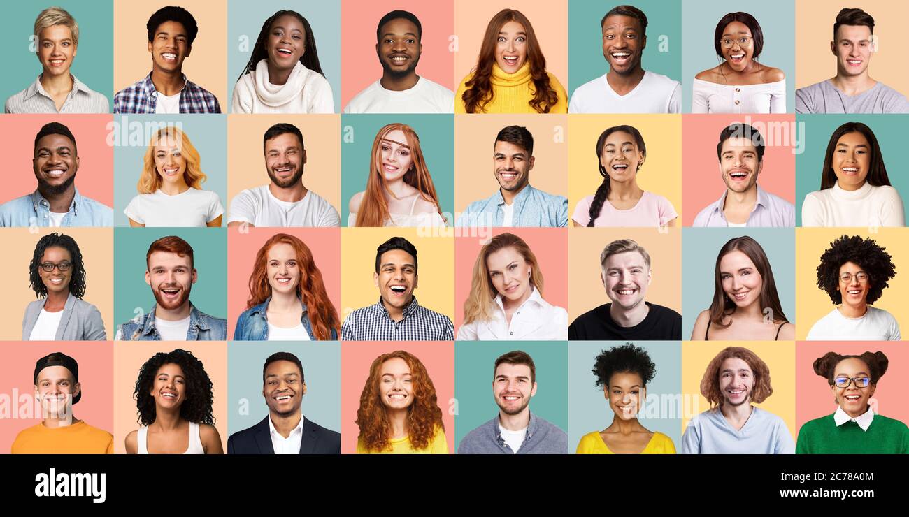 Collage Of Various People Expressing Positive Emotions On Colorful ...