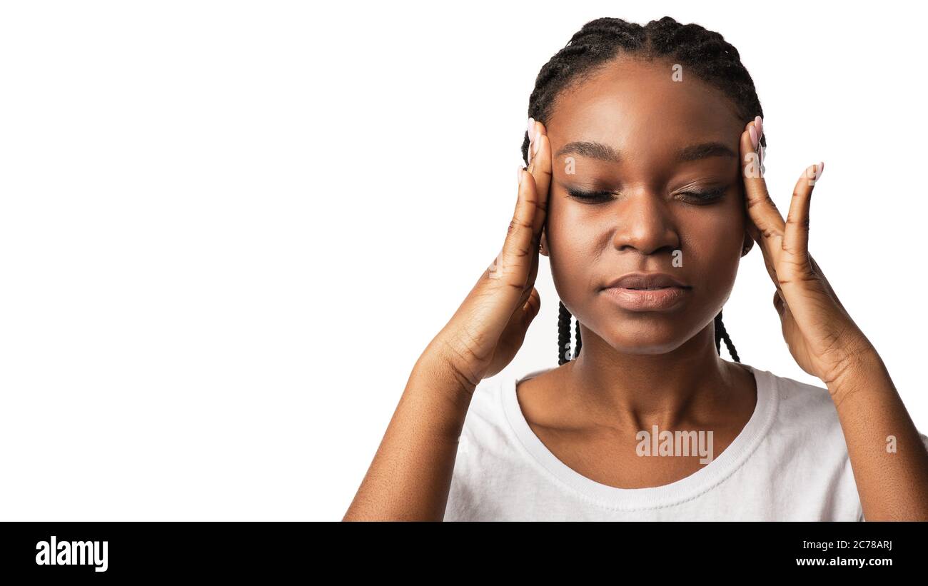 African Girl Having Headache Touching Head Over White Background ...