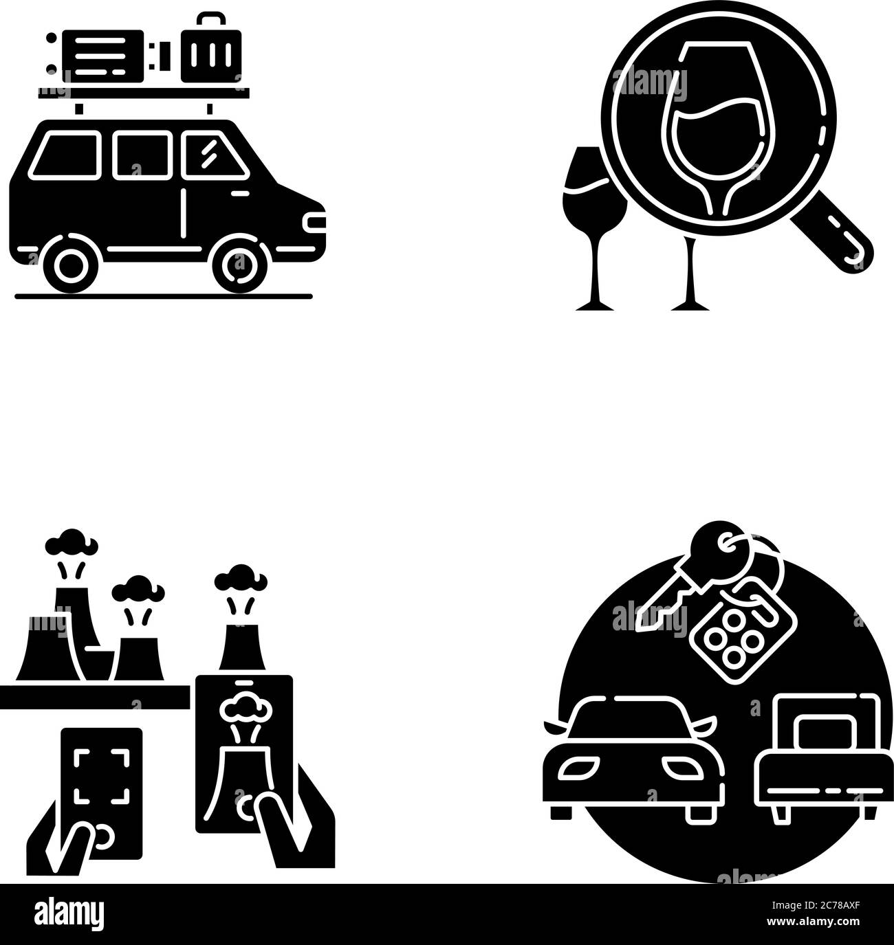Types of tourism black glyph icons set on white space. Road trip, wine ...