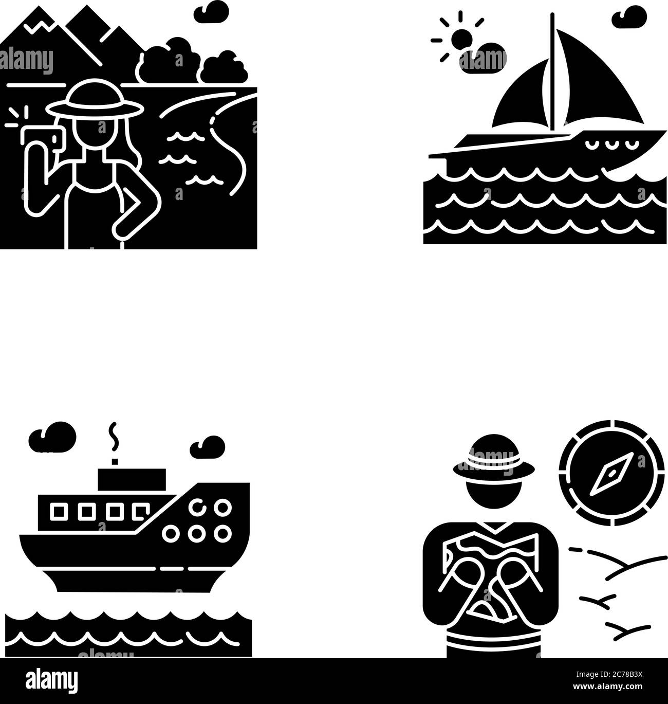 Popular vacation activities black glyph icons set on white space. Sea ...