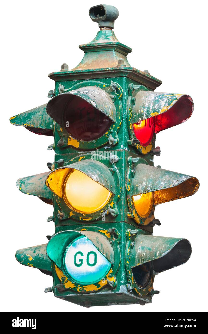 Vintage illuminated American traffic light isolated on white Stock ...