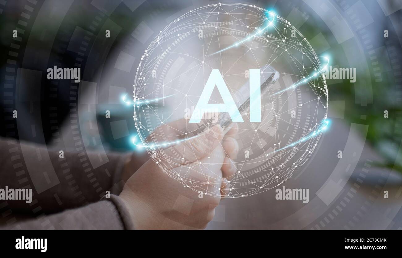 Hand holding mobile device with glowing sphere hologram Stock Photo - Alamy