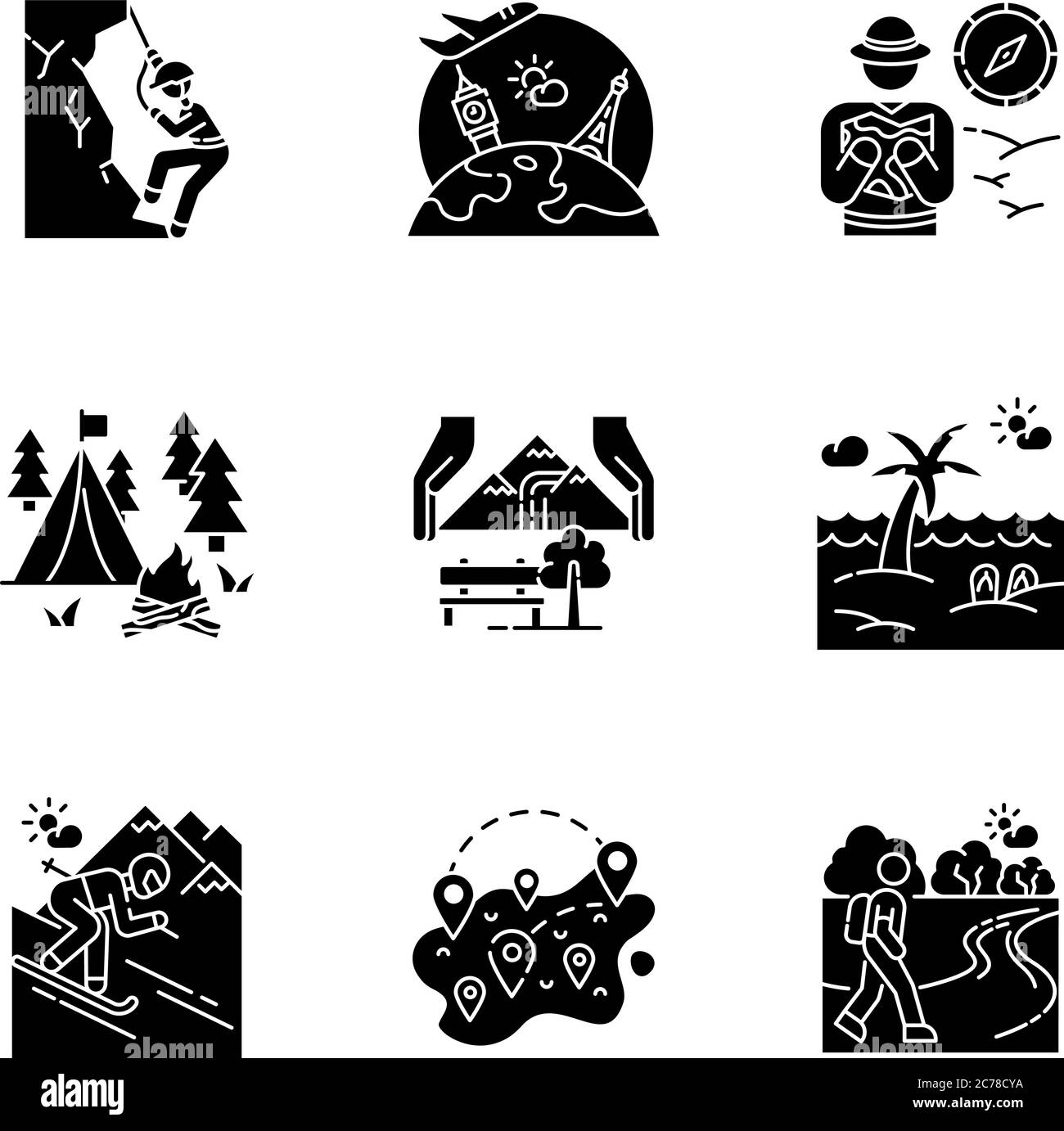 Rest and travel black glyph icons set on white space. Types of tourism ...