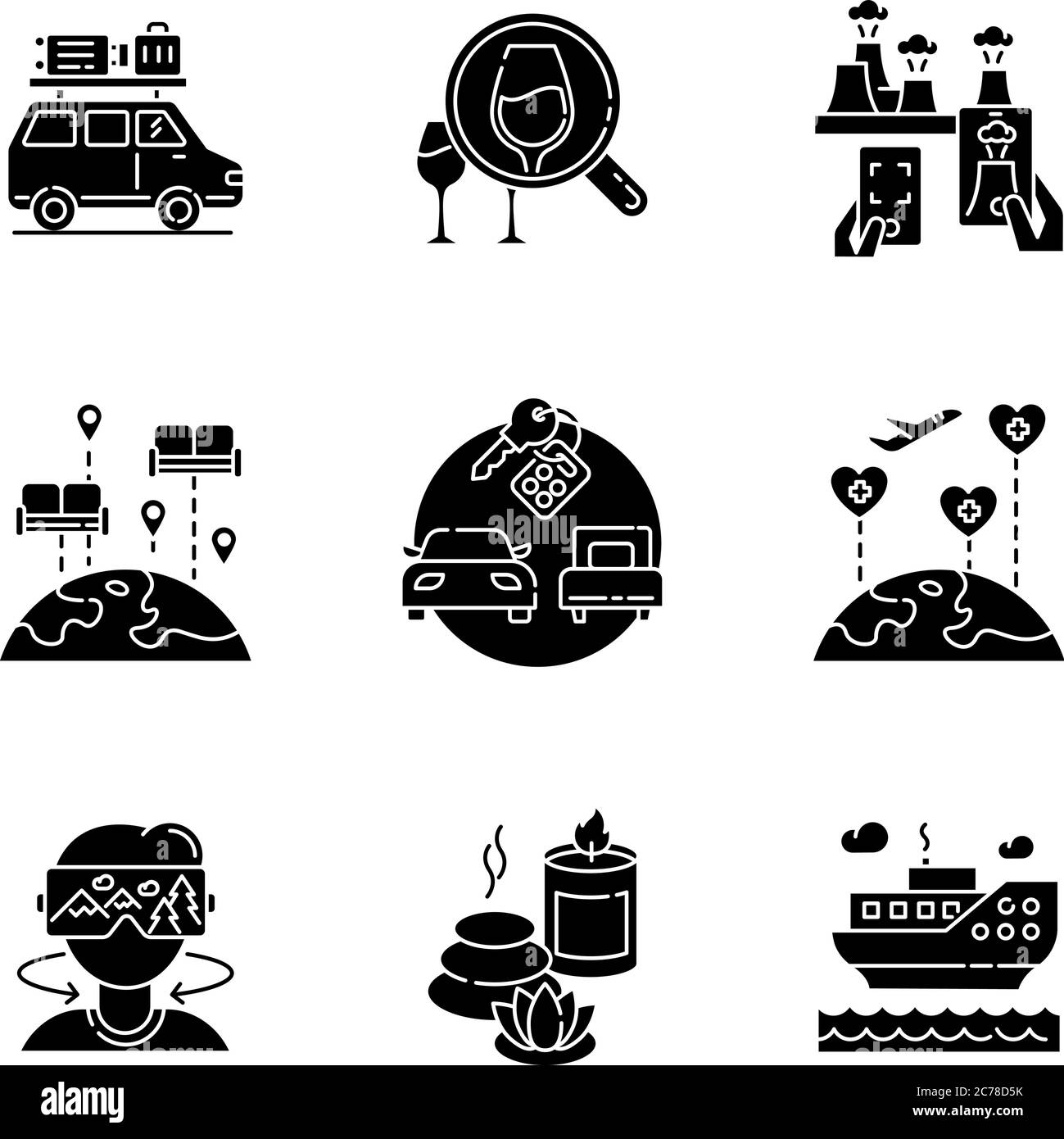 Holiday tourism black glyph icons set on white space. Vacation ...