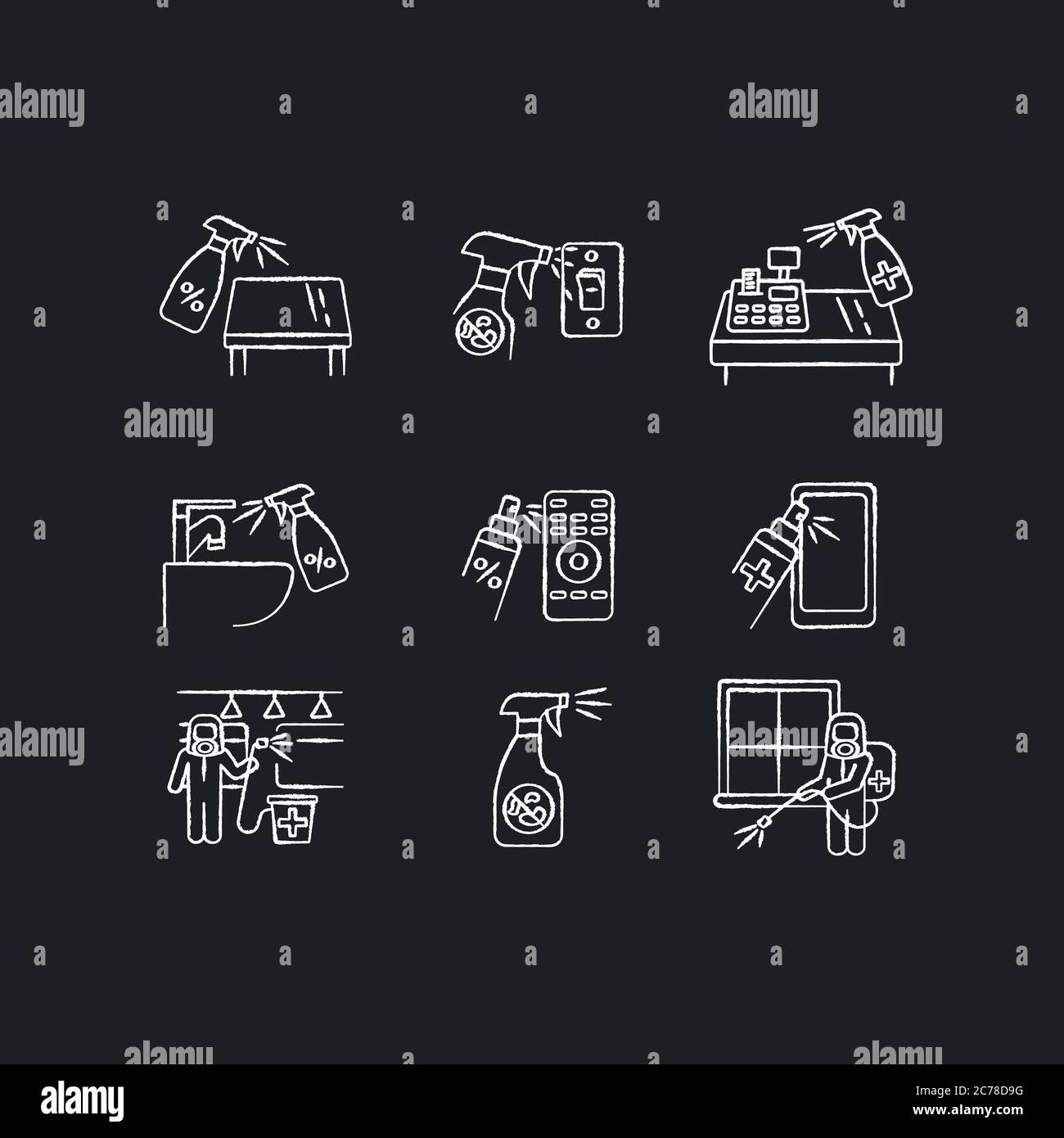 Decontamination chalk white icons set on black background. Professional ...