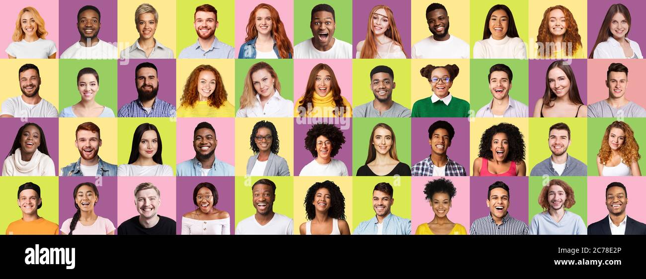 Mosaic Of Multicultural People Faces Smiling Over Colorful Studio ...