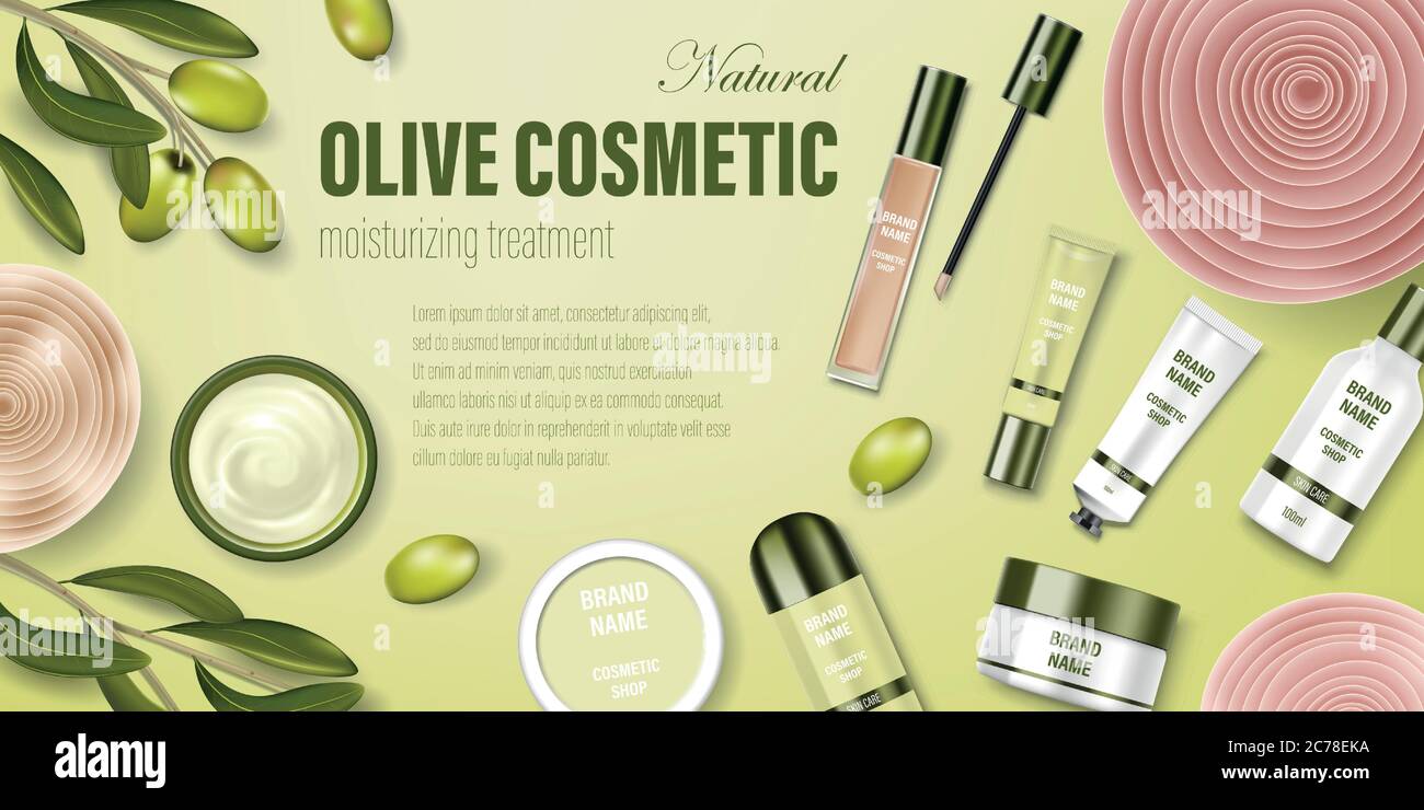 Cosmetic poster ad. Realistic glass jar with green olives and soft ...