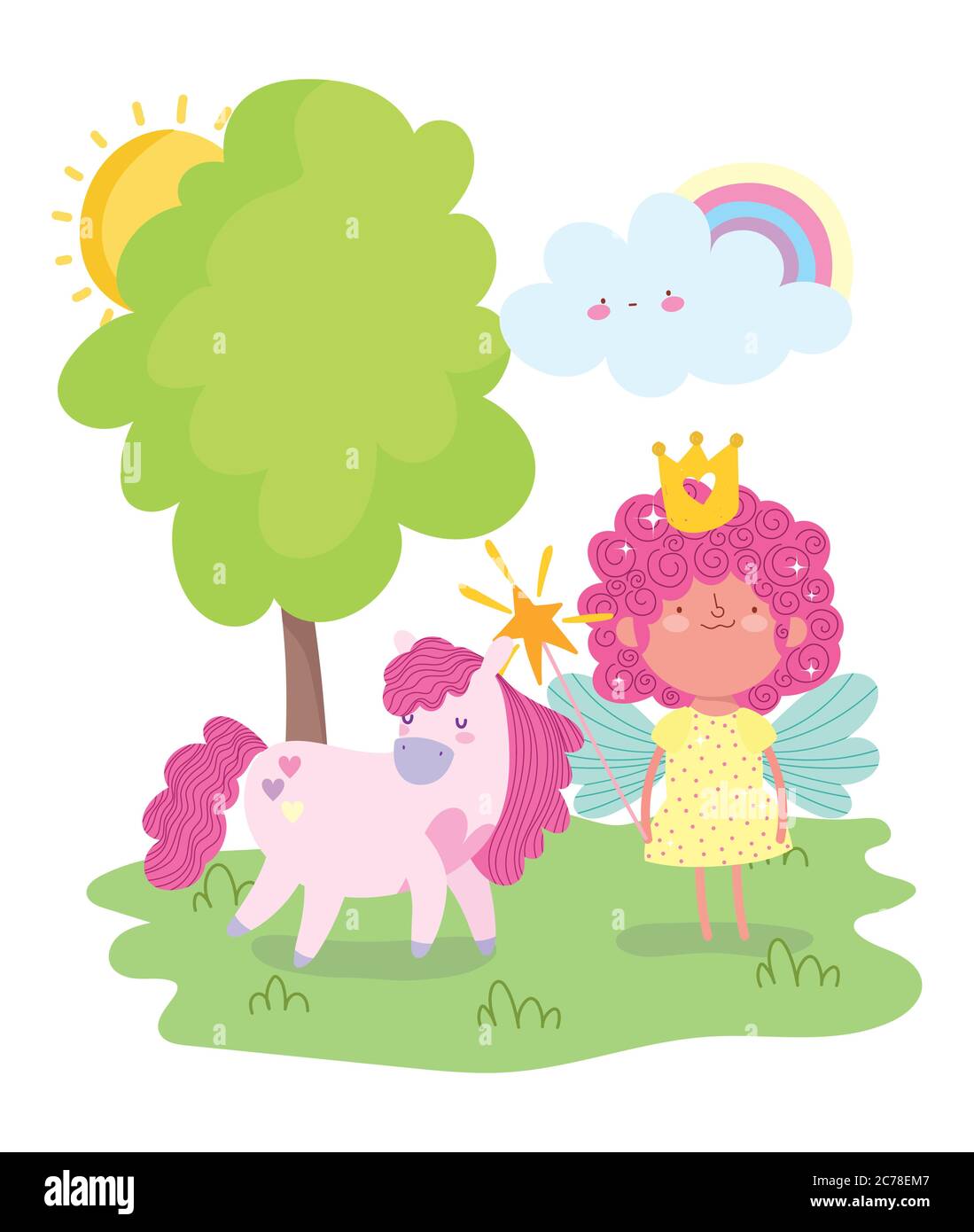 little fairy princess with magic wand and unicorn tale cartoon vector ...