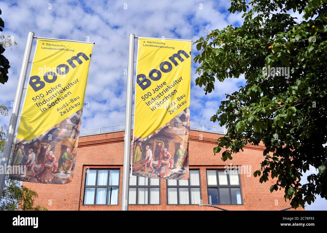 10 July 2020, Saxony, Zwickau: Flags with the logo of the 4th Saxon ...