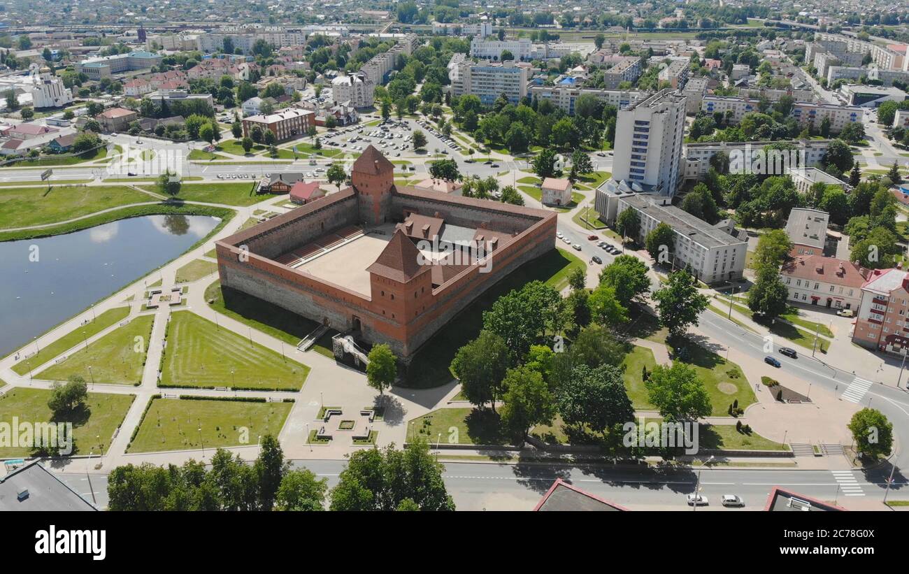 Aerial panorama of the historic city of Lida with a castle. Belarus ...