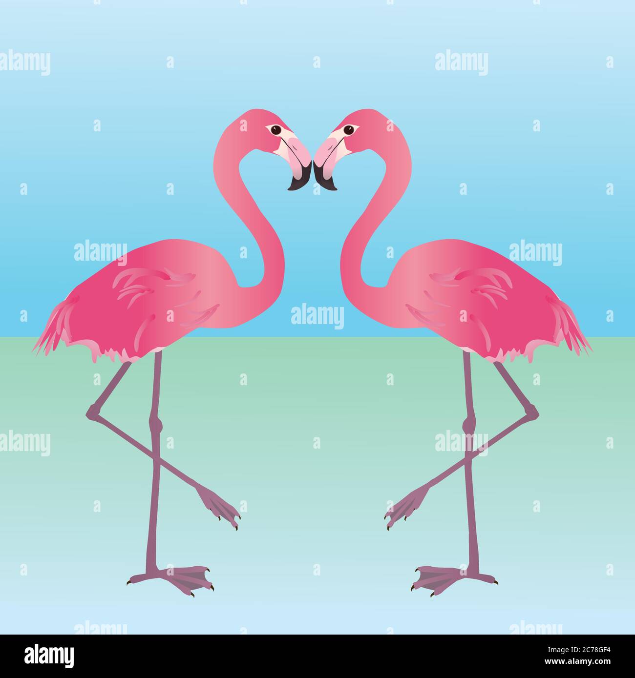 An illustration of two pink flamingos. They are holding one leg up and ...