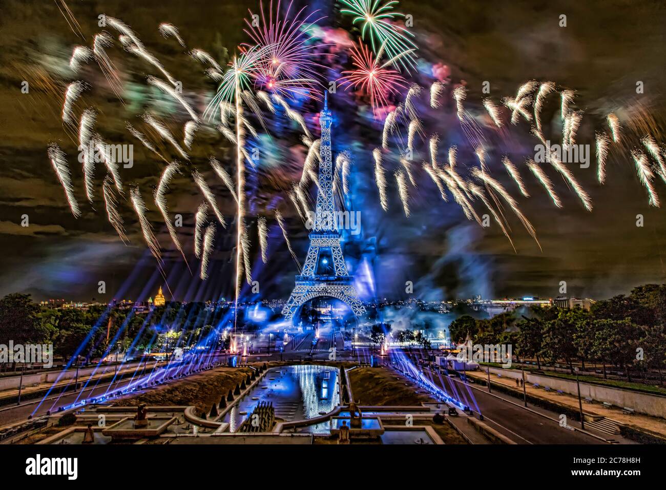 Paris, France. 14th July, 2020. Night scene of fireworks at Eiffel ...