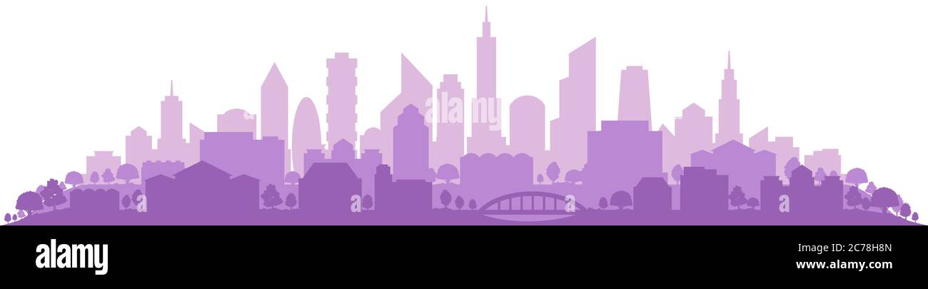 Violet silhouette of modern city with skyscrapers on white background ...