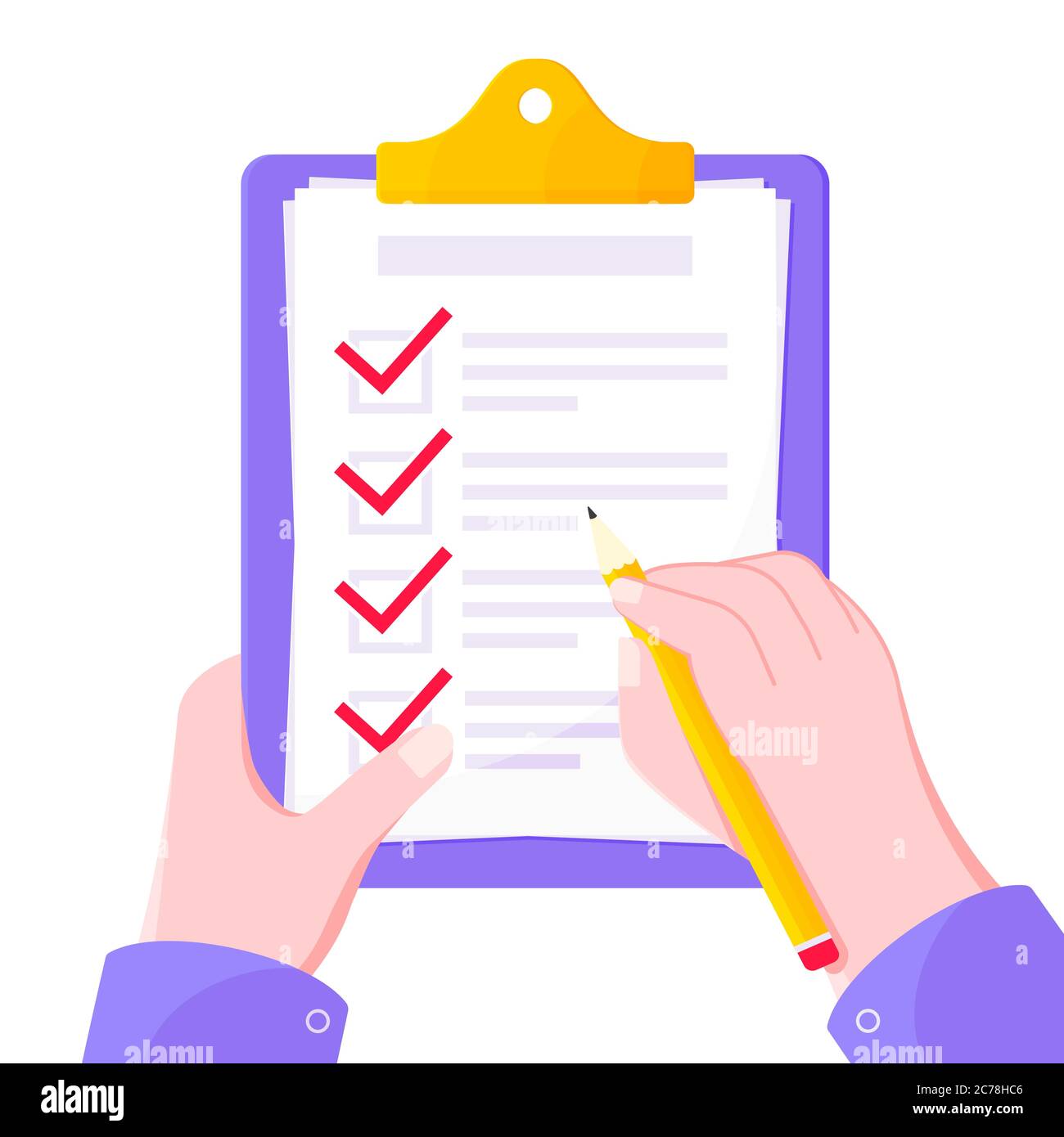 Hand hold clipboard with complete checklist flat style design icon sign ...