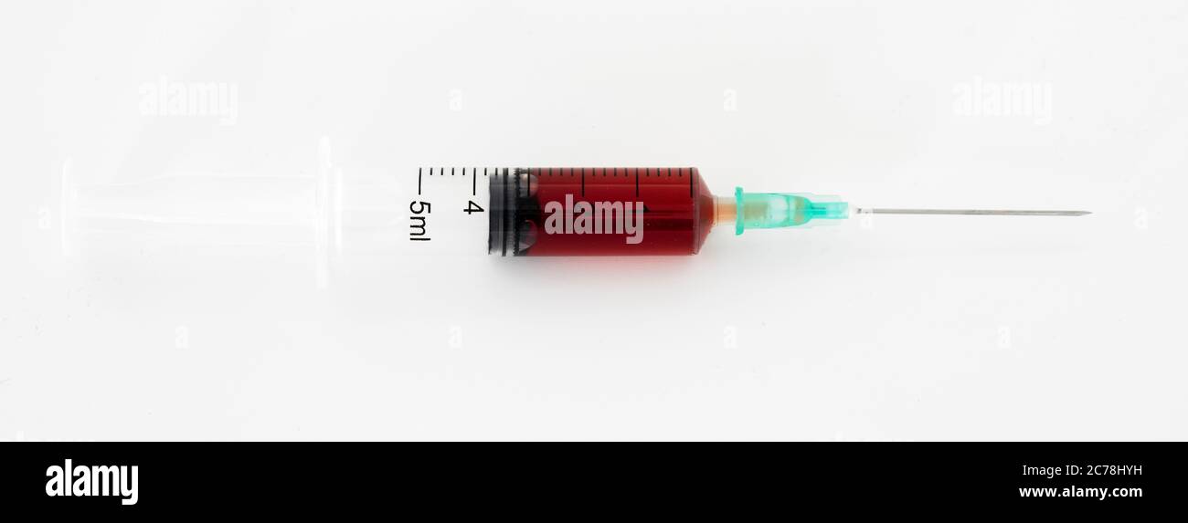 Blood test syringe isolated on white, closeup Stock Photo - Alamy