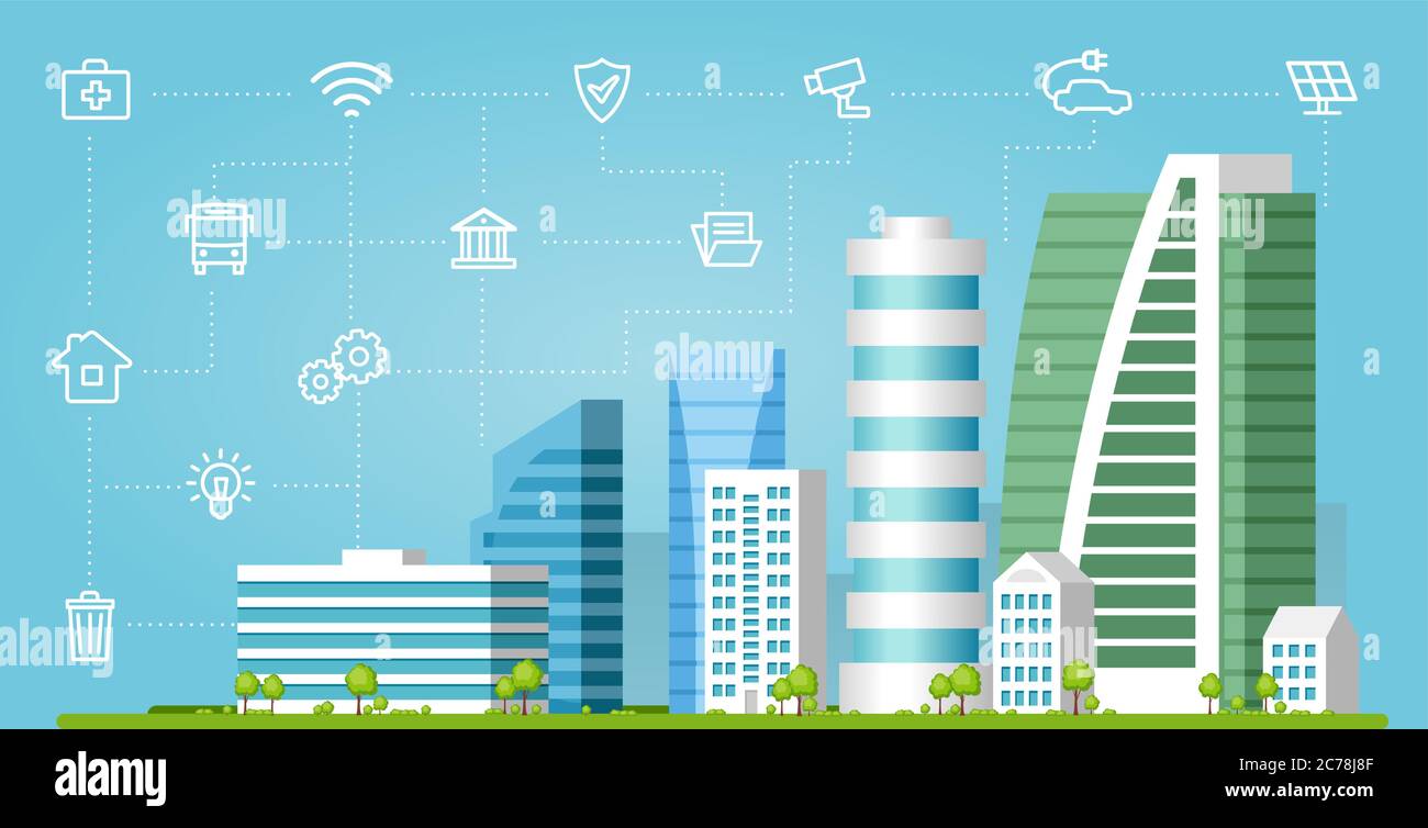 Smart City Solutions. Vector Illustrations With Urban Buildings And ...