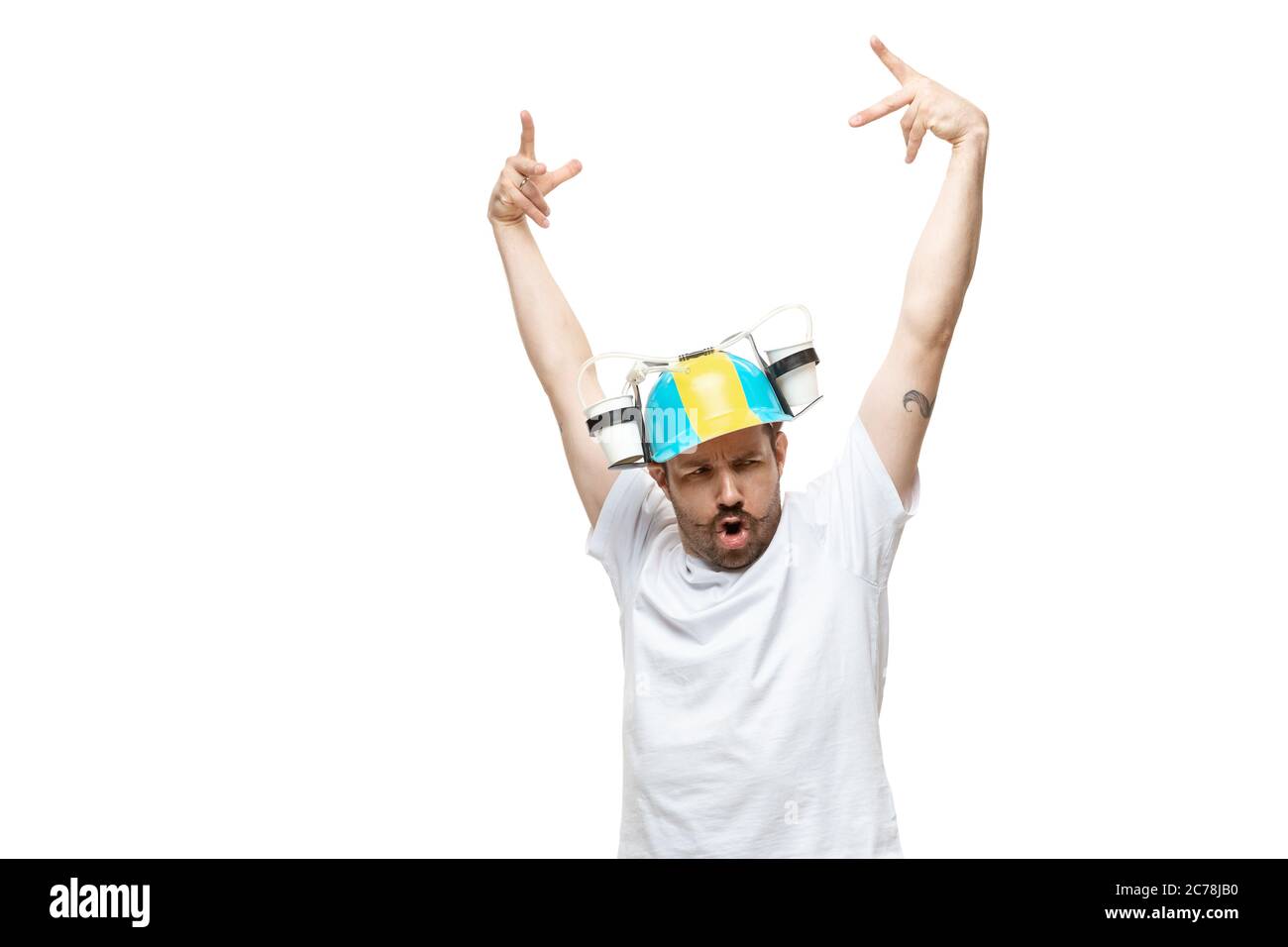 Pick up master. Young caucasian man with funny, unusual popular ...