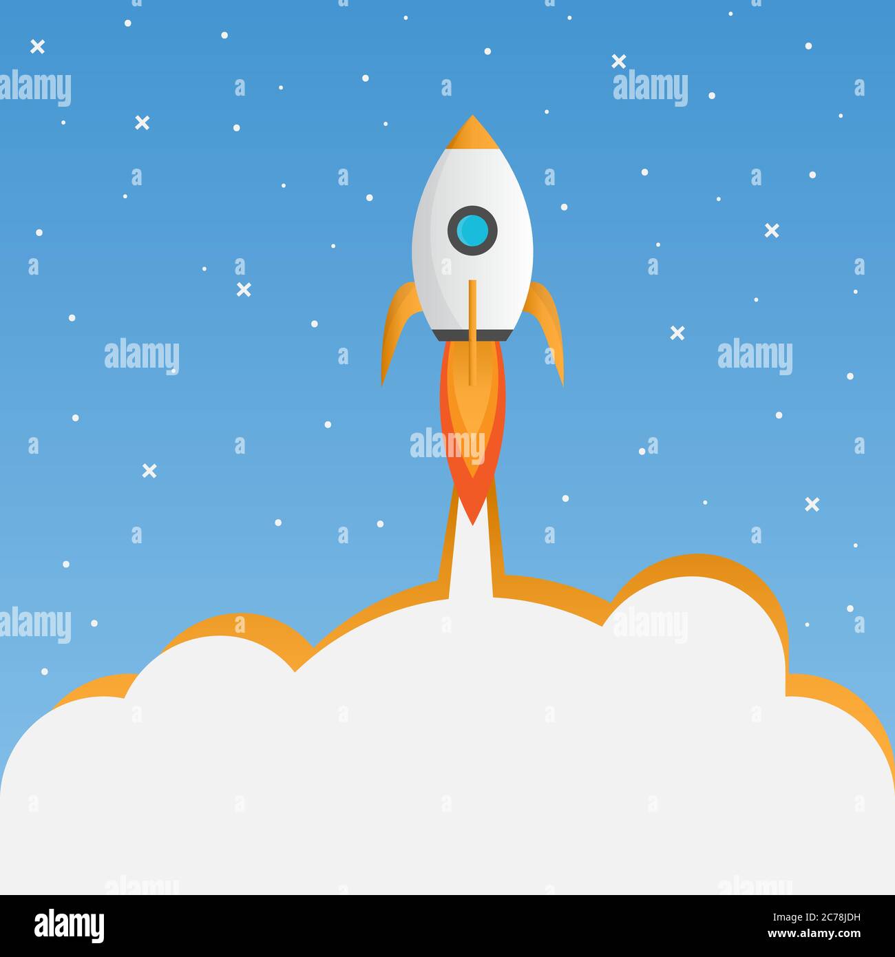 Rocket Launch In Blue Sky, Business Startup Concept, Vector, Square ...