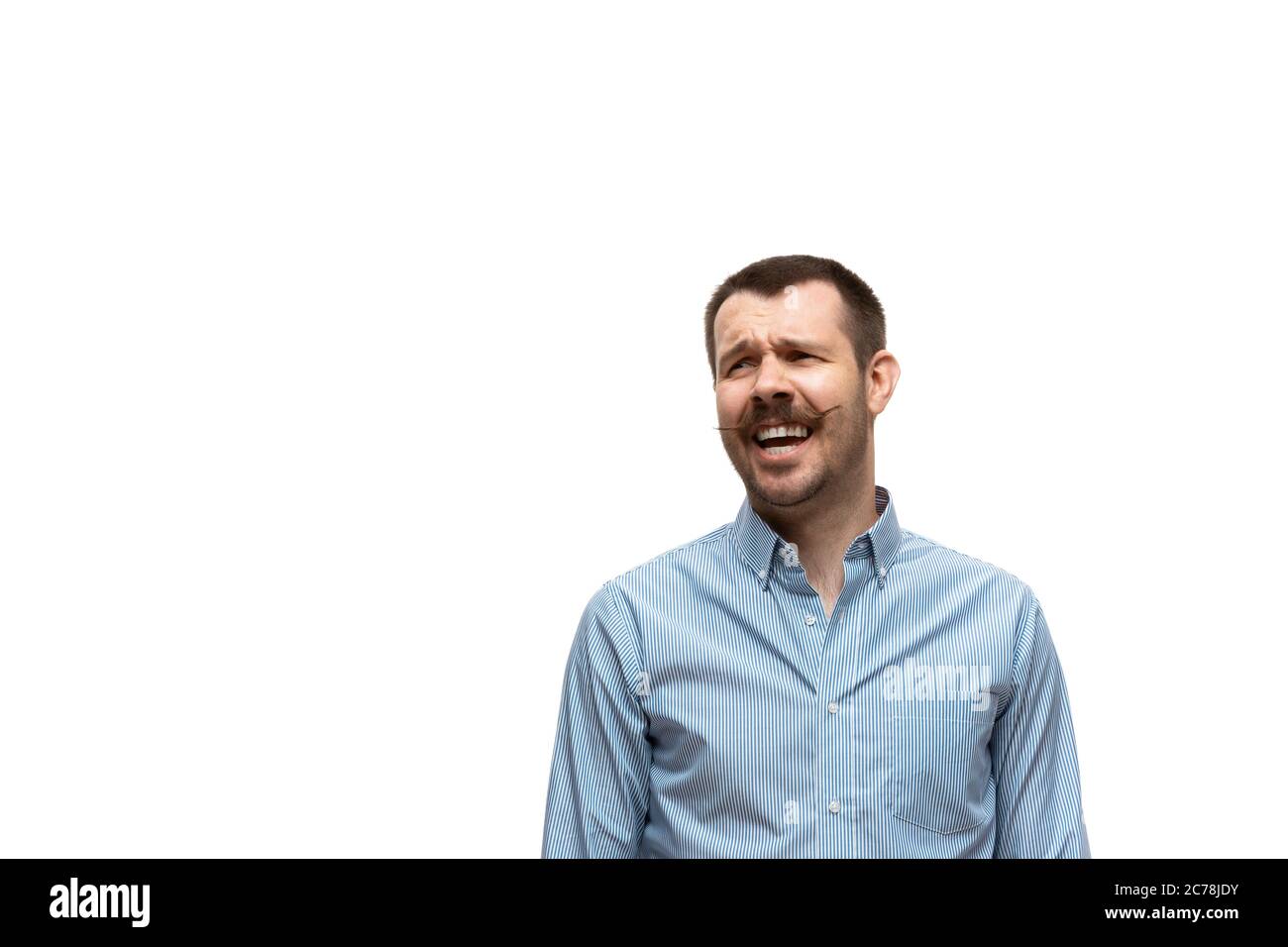 Laughting. Young caucasian man with funny, unusual popular emotions and ...