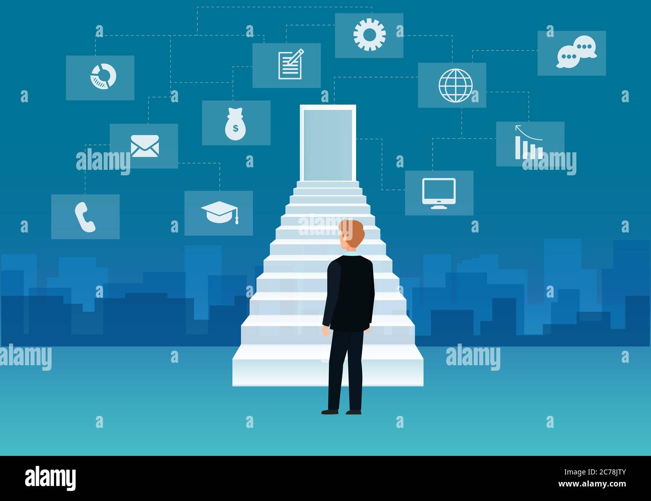 Career Growth Illustration With Businessman And Staircase, Blue ...