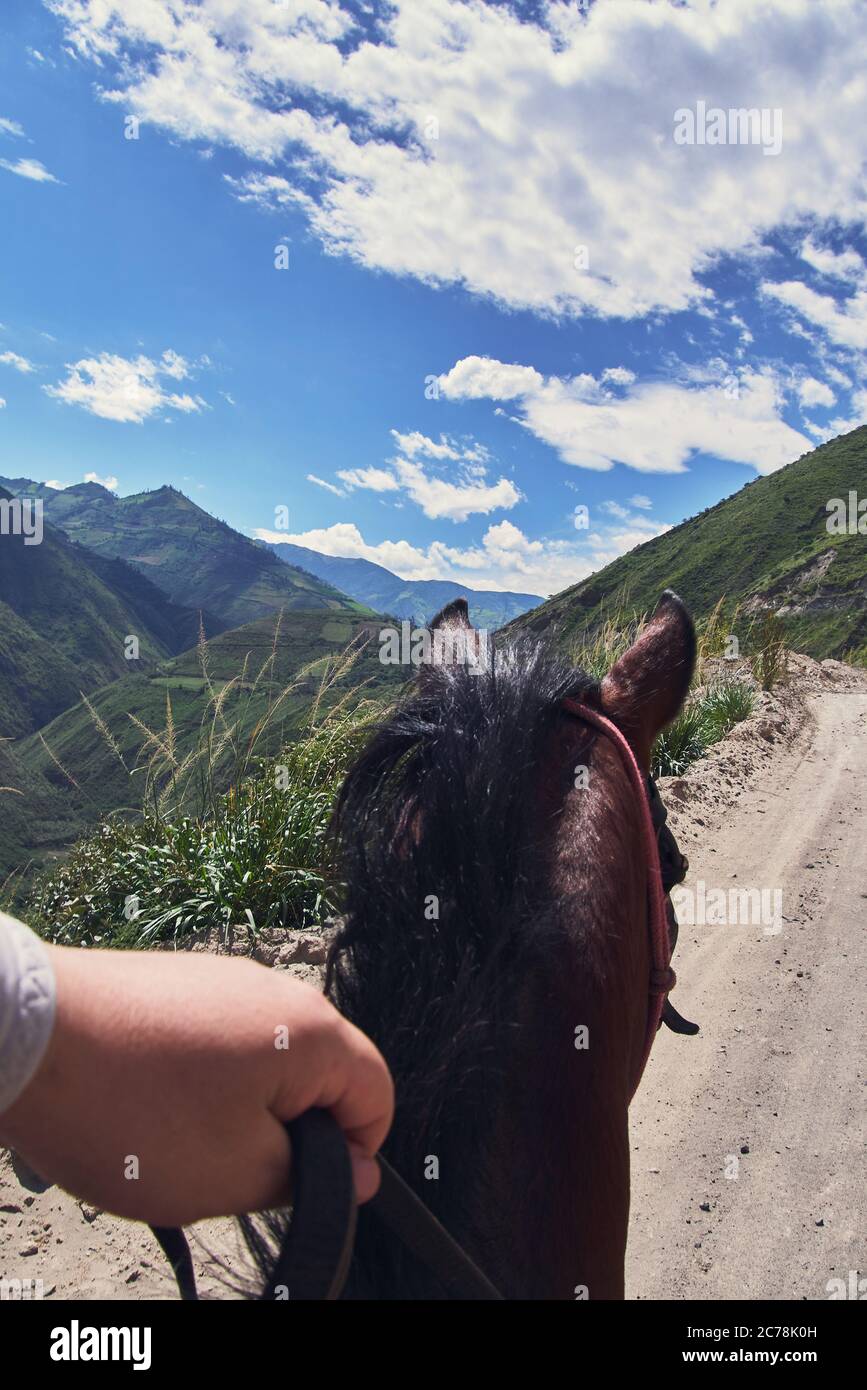 riding horse in rural landscape with blue sky, POV, first person ...
