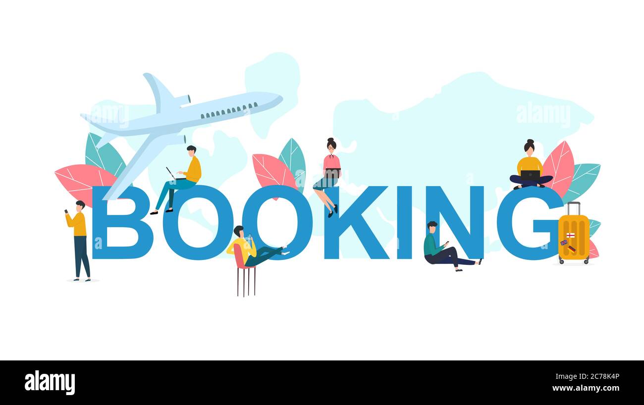 Vector illustration of peoplesitting on the word Booking Stock Vector ...