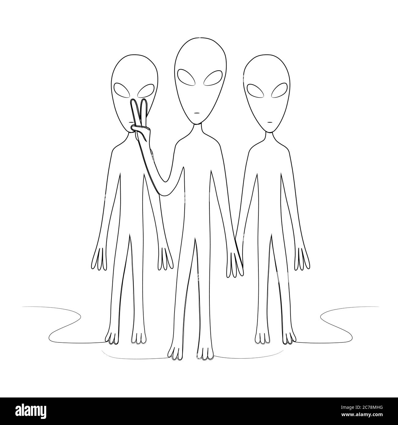 A group of aliens one of which shows the sign of peace. Isolated on ...