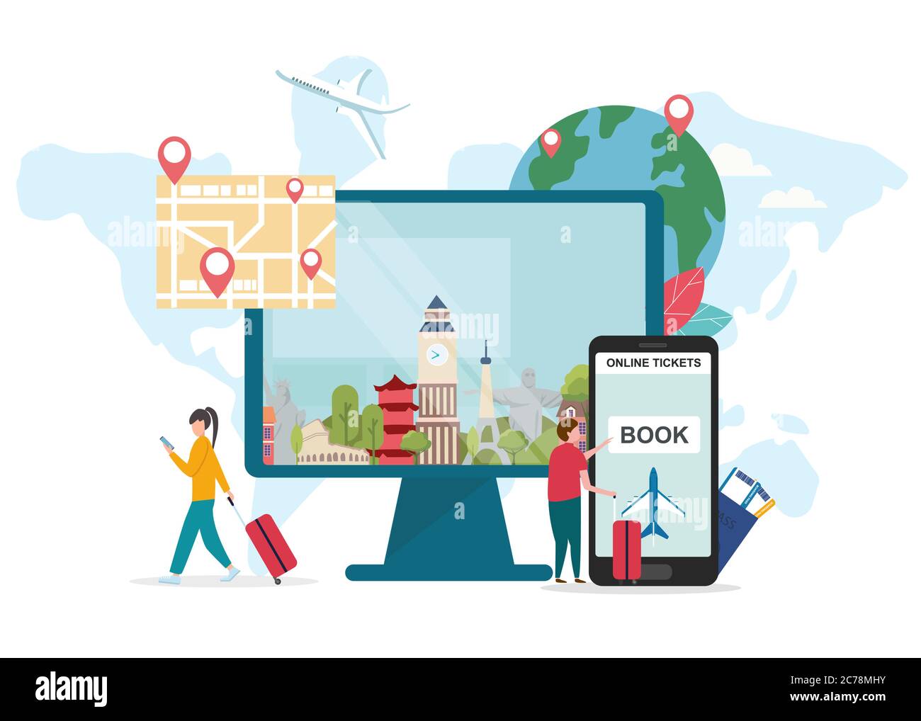 Vector illustration of phone with booking website on screen Stock ...