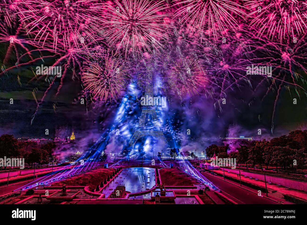 Paris, France. 14th July, 2020. Night scene of fireworks at Eiffel ...