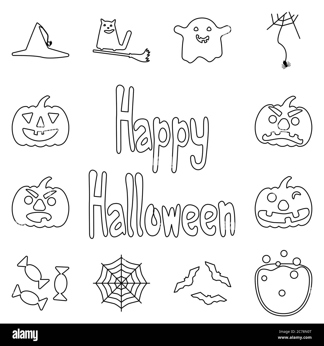Set of simple outline halloween icons. Orange outline funny halloween ...