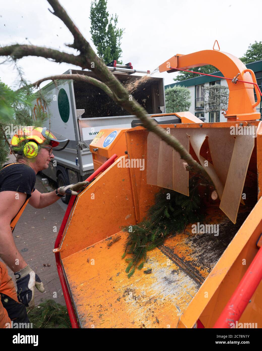 tree carer with shredding machine for wood Stock Photo - Alamy