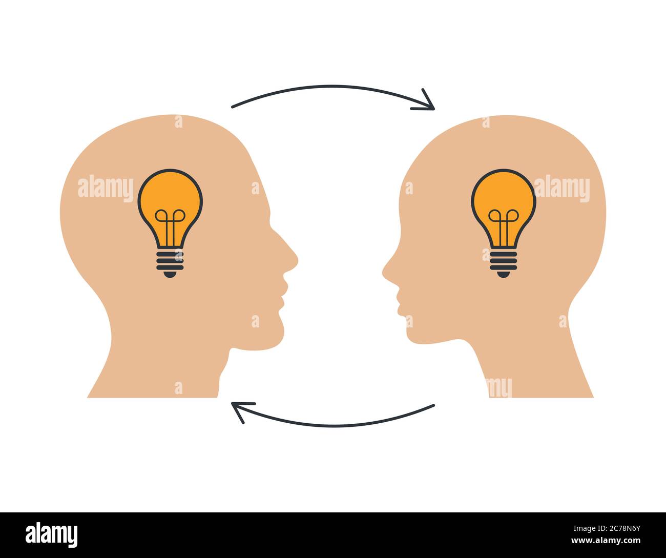Teamwork And Ideas Exchange. Two human head silhouettes with lightbulbs ...