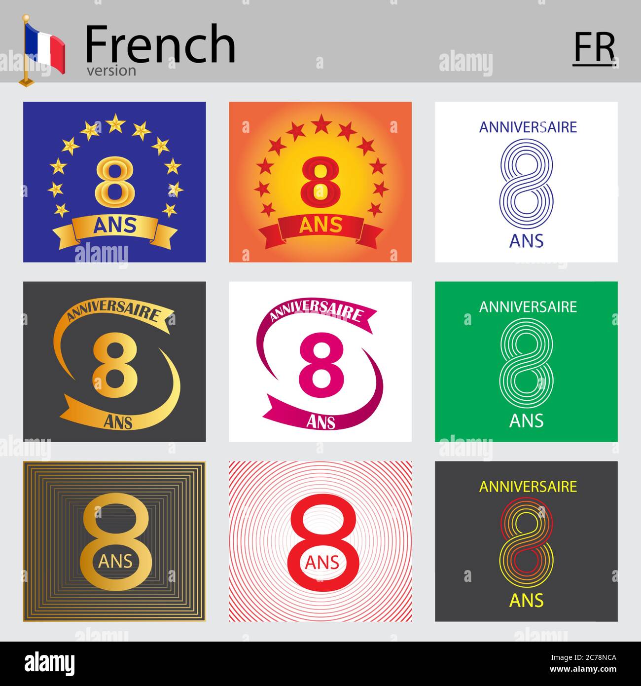 French set of number eight years (8 years) celebration design ...