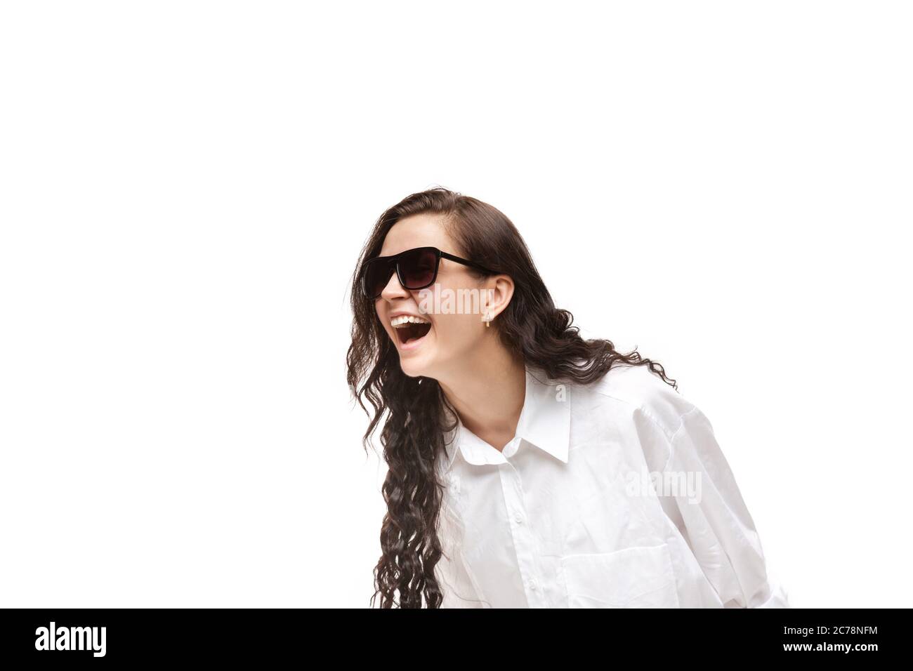 Rich, laughting. Young caucasian woman with funny, unusual popular ...