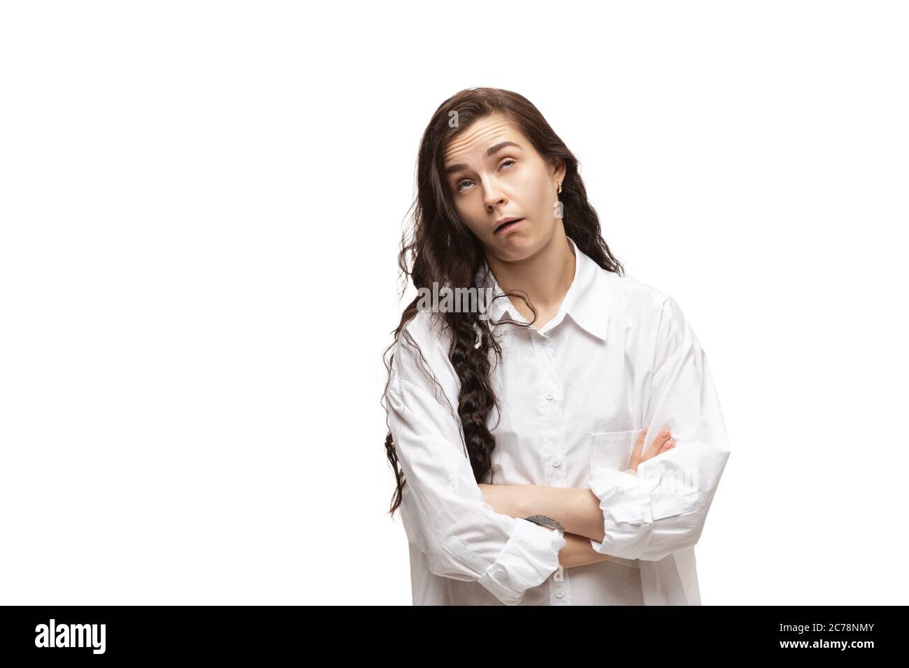 Boring. Young caucasian woman with funny, unusual popular emotions and ...